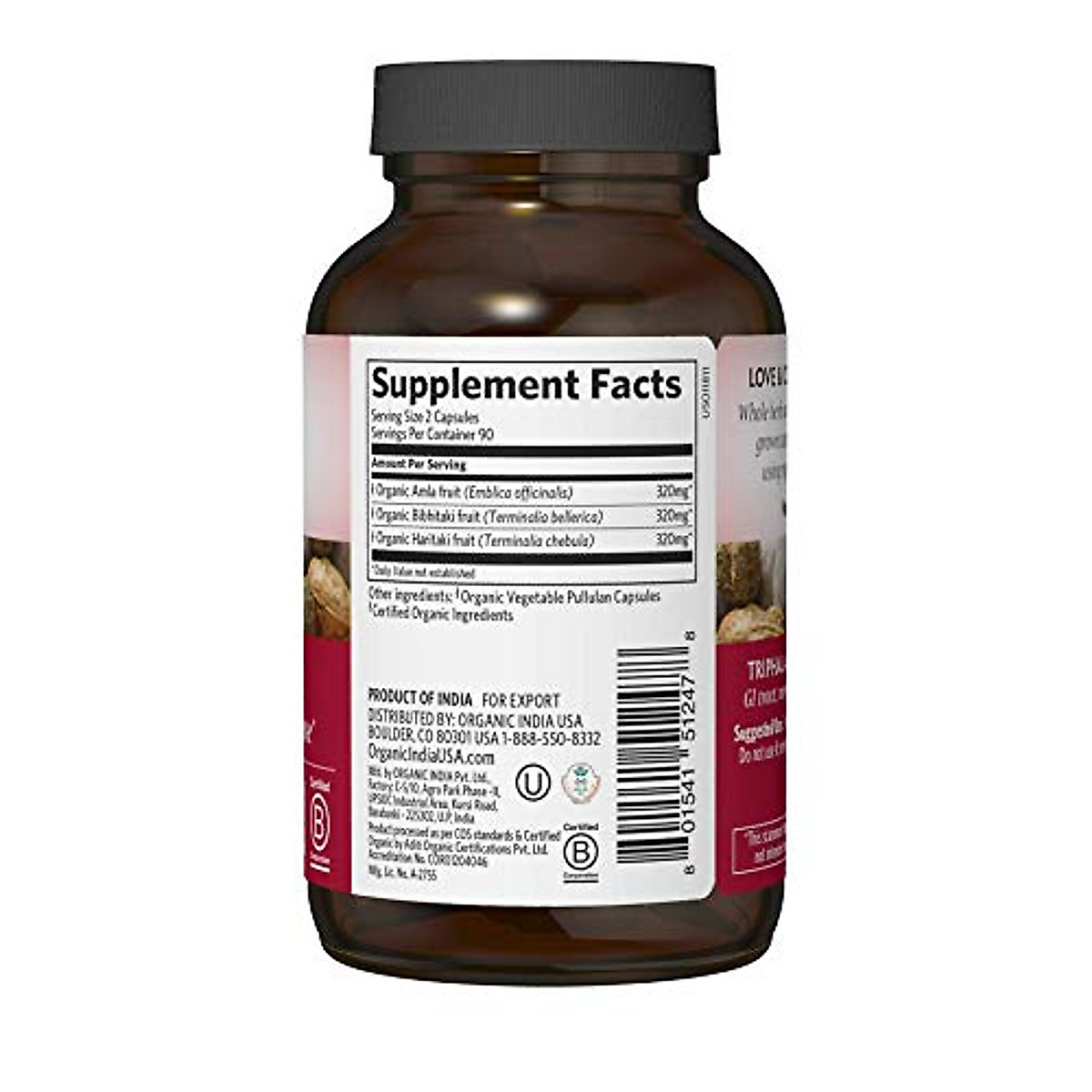 ORGANIC INDIA Triphala Herbal Supplement - Digestion & Colon Support, Immune System Support, Adaptogen, Nutrient Dense, Vegan, Gluten-Free, USDA Certified Organic, Non-GMO - 180 Capsules