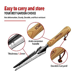 SOMOLUX Multifunctional Garden Tool Stainless Steel Shovel Hand Weeder with Wood Handle Soil Knife Tool for Planting Weeding Digging Transplanting Cutting Measuring