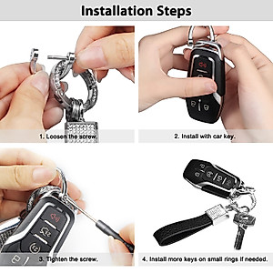 QBUC Bling Genuine Leather Car Keychain for Women Key Fob Holder Accessories with Sparkly Rhinestones, 360-degree Rotatable Swivel, Anti-Lost D-Ring, 2 Keyrings (Black)