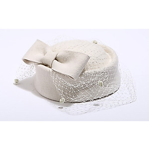 Pillbox Hat Fascinator Beret Wedding Party Top Hat Church Wool Hat for Women (Ivory)