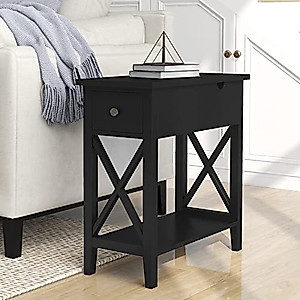 ChooChoo Black End Table, Flip Top Narrow Side Table for Small Spaces, Accent Nightstand Sofa Table for Living Room, Bedroom
