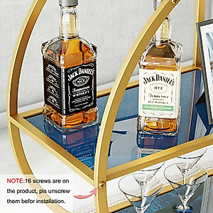 HEONITURE Bar Cart, Upgraded 3 Tier Gold Bar Serving Cart with Glass Holder and Wheels, Metal Handle Round Bar Carts for The Home, Kitchen, Living Room