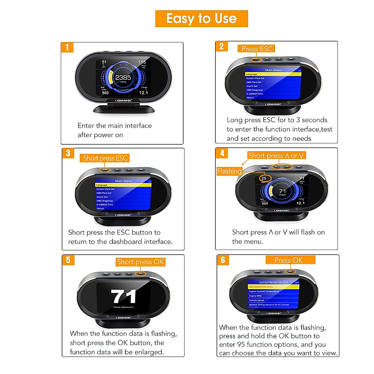 KONNWEI KW206 Car OBD2 HUD Digital Meter Gauge All in One Automotive Trip Computer Smart OBD Speedometer Water Temperature Fuel Pressure Tester for All 2003 and Newer Cars