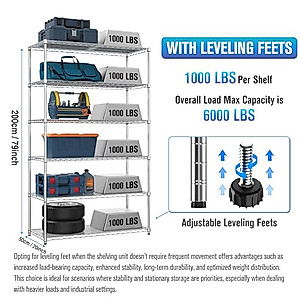 6 Tier NSF Wire Shelf Shelving Unit, 20 x 48 x 84.5 Inch 6000lbs Capacity Heavy Duty Adjustable Storage Metal Rack with Wheels/Leveling Feet&Shelf Liners, Ideal for Garage, Kitchen, and More - Chrome