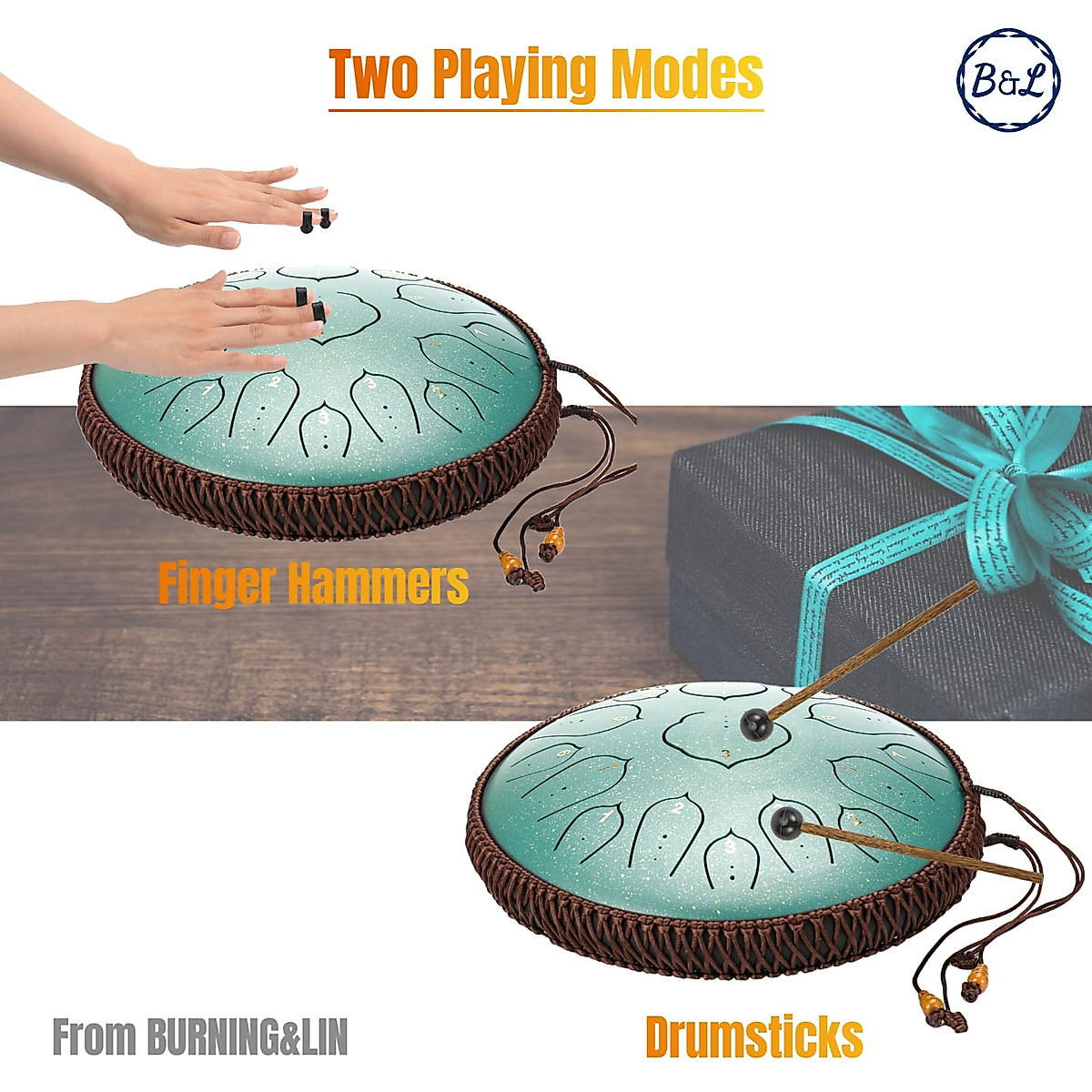 Steel Tongue Drum 14 Inches 15 Notes Hand Pan Drum Rain Drum Percussion for Meditation Yoga Musical Education for Adult& Kids(Lotus Green)