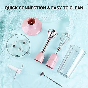 Immersion Hand Blender, ISILER 5-in-1 500-Watt Multi-Purpose Stick Blender with 860ml Food Chopper, 600ml Container, Milk Frother, Egg Whisk, 8-Speed for Puree Infant Food Smoothies Soups Pink