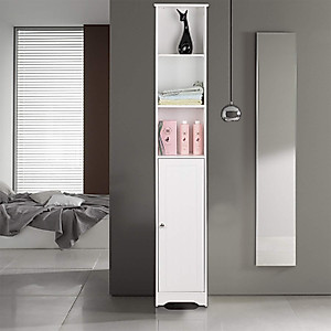 Bonnlo Narrow Cabinet, 67" Tall Slim Bathroom Storage Cabinet 12" Wide White Skinny Linen Cabinet with 3 Open Shelves Single Door Adjustable Shelf Space Saving Corner Pantry