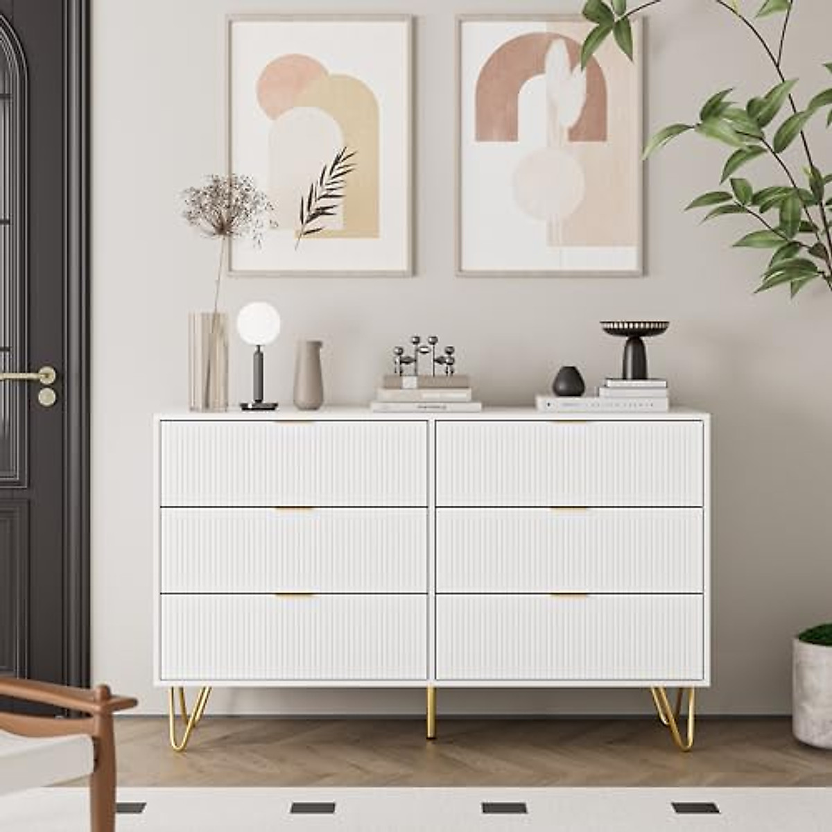 Aobafuir 6 Drawer Dresser, Drawer Chest, Tall Storage Dresser Chest Cabinet Organizer Unit with Metal Legs, Large Dresser for Bedroom, Living Room, Closet, Hallway White Stripe
