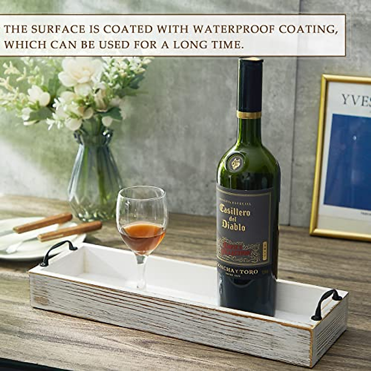 2 Pack Rustic Wooden Serving Trays Rustic Wooden Long Serving Trays with Handle Rectangular Ottoman Tray for Home Room Coffee Table Farmhouse Serving Decoration (Whitewashed)
