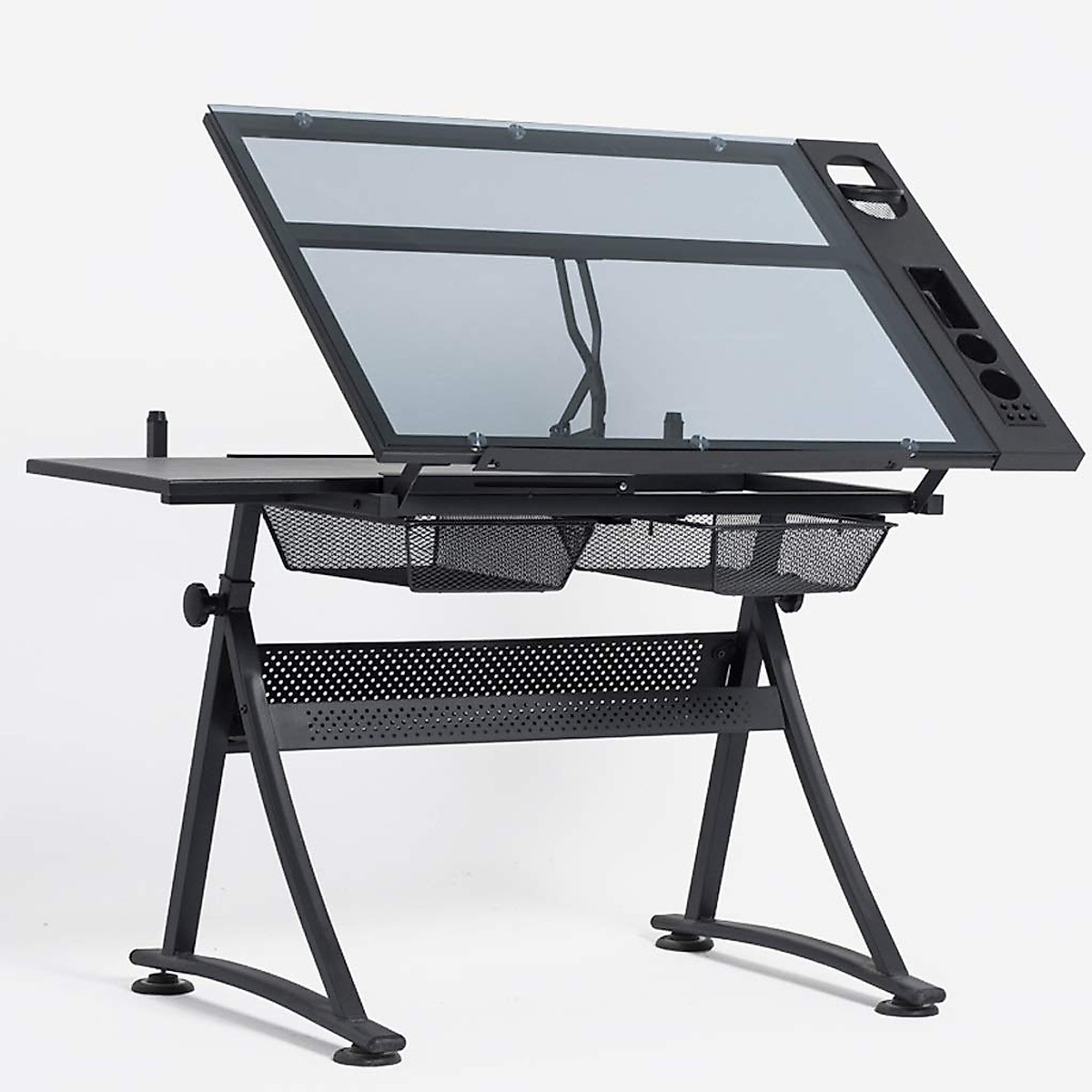 VejiA Drafting Table with Storage, Height Adjustable Tiltable Art Desk, Glass Panel Drawing Desk, for Work Study Painting Craft Table