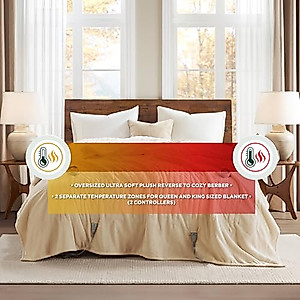 Woolrich Heated Plush to Berber Electric Blanket Throw Ultra Soft Knitted, Super Warm and Snuggly Cozy with Auto Shut Off and Multi Heat Level Setting Controllers, King: 100x90, Tan