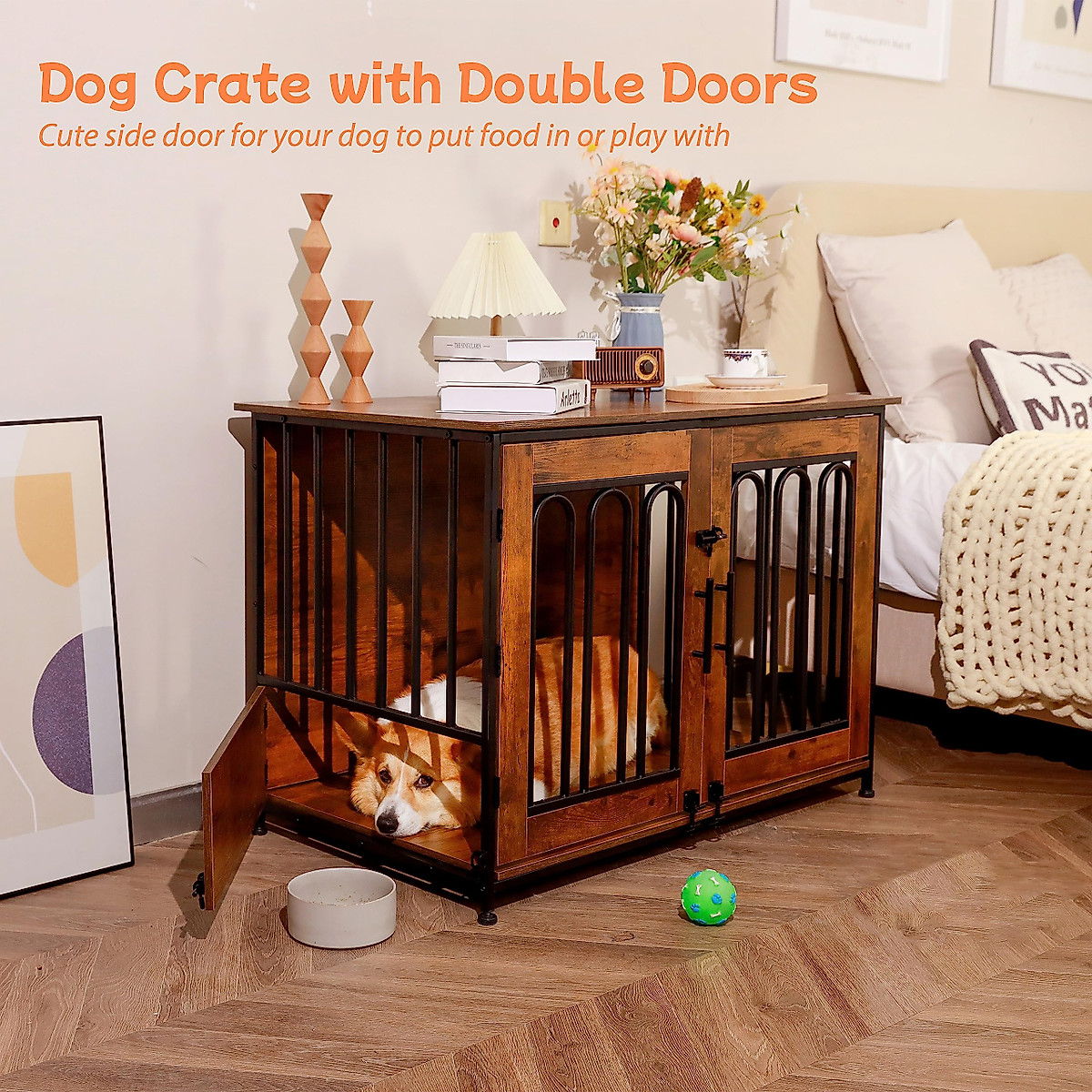 Dog Crate Furniture, 39.37" Double Doors Wooden Dog Kennel End Table, Indoor Dog House End Table Furniture Style for Small/Medium/Large Dogs Anti-Chew Crate,Retro Brown