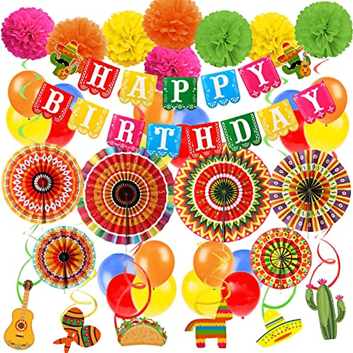 Recosis Fiesta Birthday Decorations, Mexican Themed Happy Birthday Banner Paper Pompoms Mexico Fans Fiesta Decorations Balloons Birthday Party Decorations