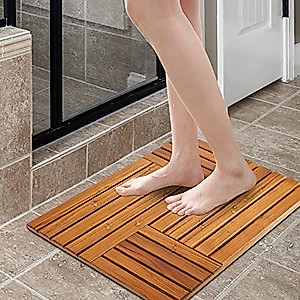 Utoplike Teak Wood Bath Mat, 31.8 x 20 inch Large Wooden Shower Mat for Bathroom and Bathtub Caddy Tray Bath Tray for Tub Set