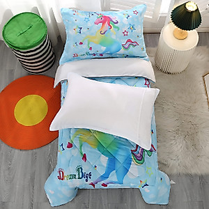 VIVILINEN Blue Unicorn Toddler Comforter Set for Girls 3 Piece Rainbow Unicorn Kid Toddler Bedding Set for Kids Bed-in-a-Bag Bedspreads Quilt Set with Comforter, 2 Pillowcases