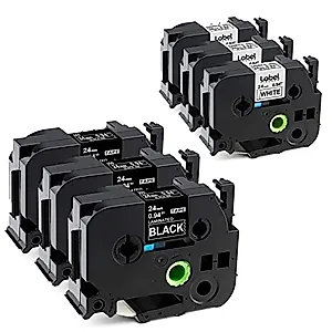 3 Pack Black + 3 Pack White 24mm Label Tape Replacement for Brother P-Touch TZe-251 TZe-355 Tape, 1" (24 mm) Standard Laminated for PTD600 PTP710BT PTP750W, 6-Pack