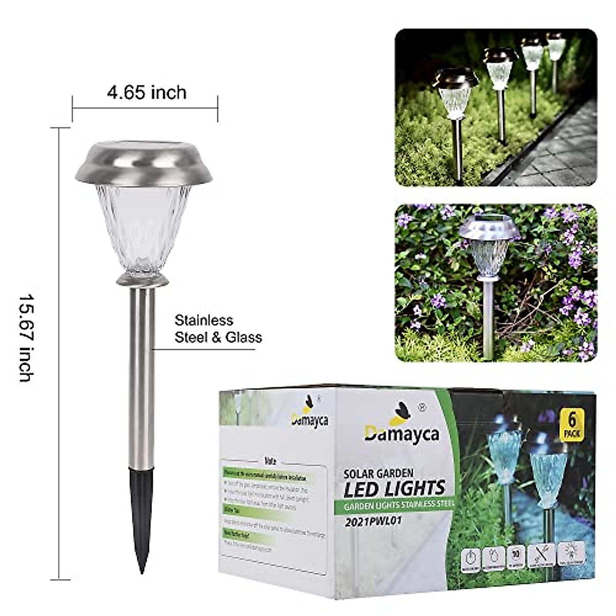 DAMAYCA 6 Pack Solar Lights Outdoor for Garden Pathway Walkway Driveway Sidewalk Yard Stainless Steel Glass Landscape Lights Solar Powered for Landscape Lighting. (Silver, Warm Light)