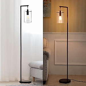 RORIANO Industrial Floor Lamp, Modern Standing Lamp with Hanging Clear Glass Shade, Farmhouse Rustic Tall Pole Lamp with Foot Switch for Living Room Bedroom Office, LED Bulb Included (Black)