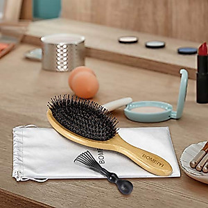 Natural Boar Bristle Wooden Bamboo Paddle Brush - Best Detangler for Women & Men's Curly and Thick Hair, Anti-Static, Reduces Hair Breakage