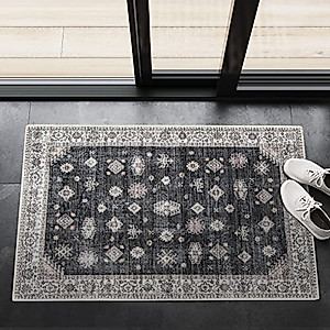 Adiva Rugs Machine Washable Area Rug with Non Slip Backing for Living Room, Bedroom, Bathroom, Kitchen, Printed Persian Vintage Home Decor, Floor Decoration Carpet Mat (Black, 2' x 3')
