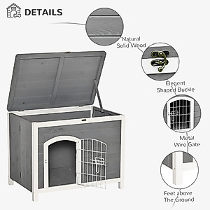 PawHut Foldable Wooden Dog House Raised Puppy Cage Kennel Cat Shelter for Indoor & Outdoor w/Lockable Door Openable Roof Removable Bottom for Small and Medium Pets Grey