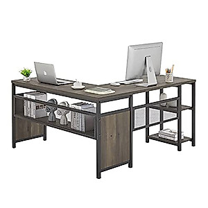 FATORRI L Shaped Computer Desk, Industrial Home Office Desk with Shelves, Rustic Wood and Metal Corner Desk (Walnut Brown, 59 Inch)