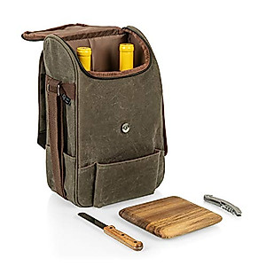 LEGACY - a Picnic Time Brand, 2 Bottle Insulated Wine Bag with Cheese Board and Knife Set - Wine Picnic Bag - Waxed Canvas Wine Tote, Khaki/Brown
