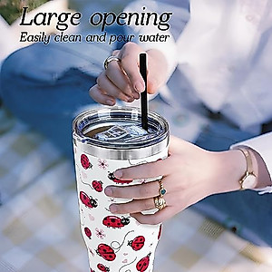 Ladybug 40 Oz Tumbler with Handle and Straw, Cute Large Big Stainless Steel Vacuum Insulated Tumbler Iced Coffee Cup Water Bottle Travel Mug,Ladybug Gifts for Women Decor Accessories Stuff, Red White