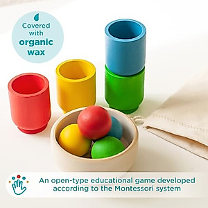 Ulanik Balls in Cups Starter Kit Toddler Montessori Toys for 1+ Year Old Kids Wooden Matching Game for Learning Color Sorting and Counting — 4 Balls, 1.18 in