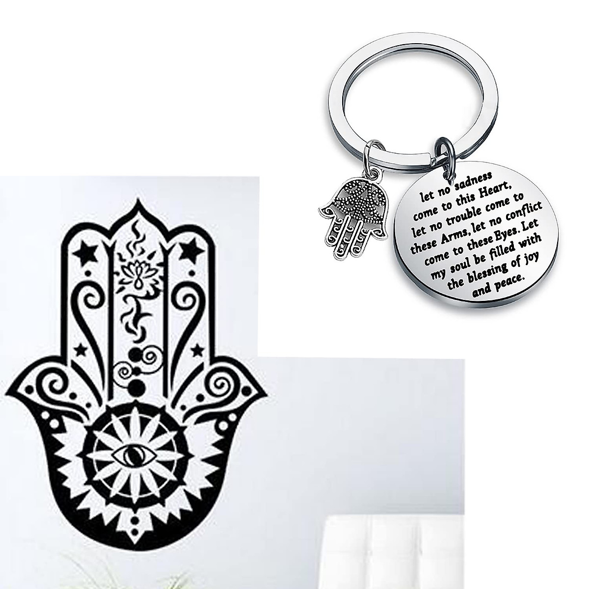 Gzrlyf Hand of Hamsa Keychain Let No Sadness Come to This Heart Hamsa Prayer Gifts (Keychain)