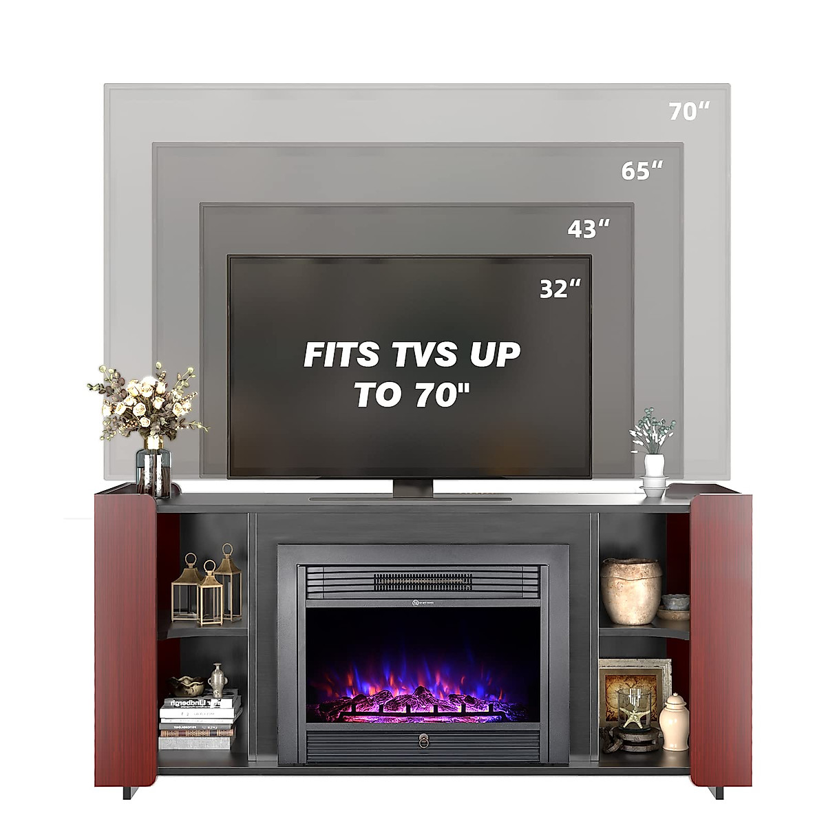 EROMMY 63'' Fireplace TV Stand with 28'' Electric Fireplace Insert, Entertainment Center with 3 Colors Flame Fireplace Heater, TV Console for TVs up to 70'' for Living Room, Bedroom, Office, Cherry