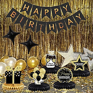 ZJDHPTY Black and Gold Birthday Decorations Happy Birthday Banner Centerpiece Table Decorations (Black and gold)