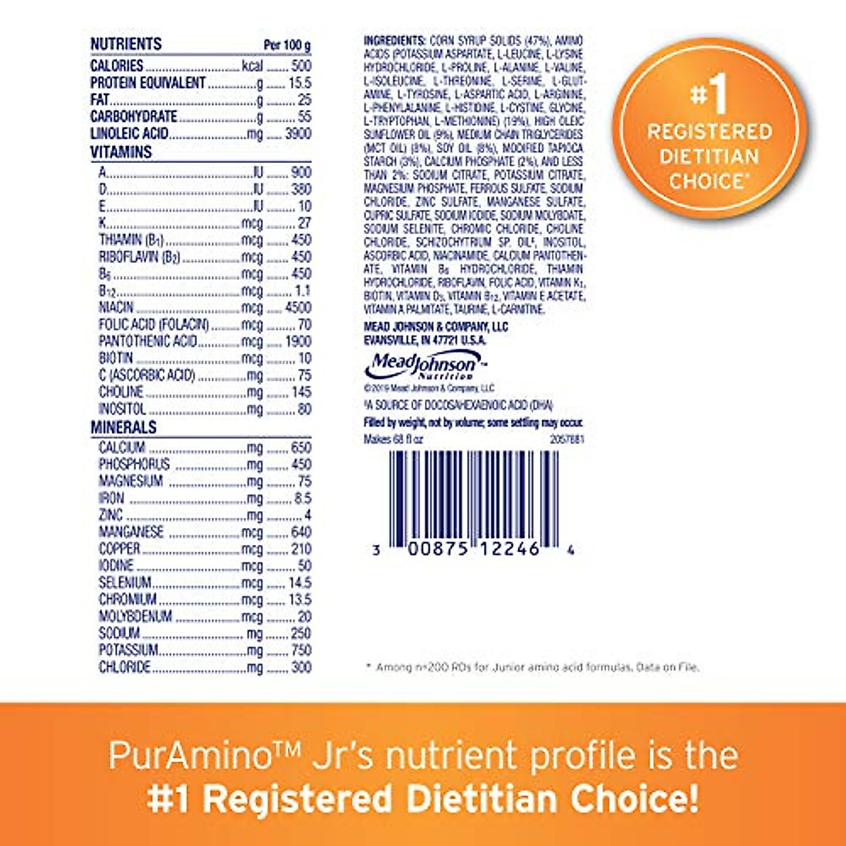 PurAmino Junior Hypoallergenic Toddler Drink, for Severe Food Allergies, Omega-3 DHA, Iron, Immune Support, Unflavored Powder Can, 14.1 Oz