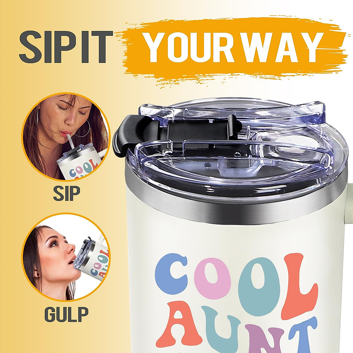 Auntie Gift Ideas, Aunt Gifts from Niece, Nephew - Cool Aunt Gift for Aunt to Be, Auntie, New Aunt, Promoted to Aunt Gifts - Birthday, Mothers Day, Christmas Gift for Aunt - 40oz Tumbler W Lid Straw