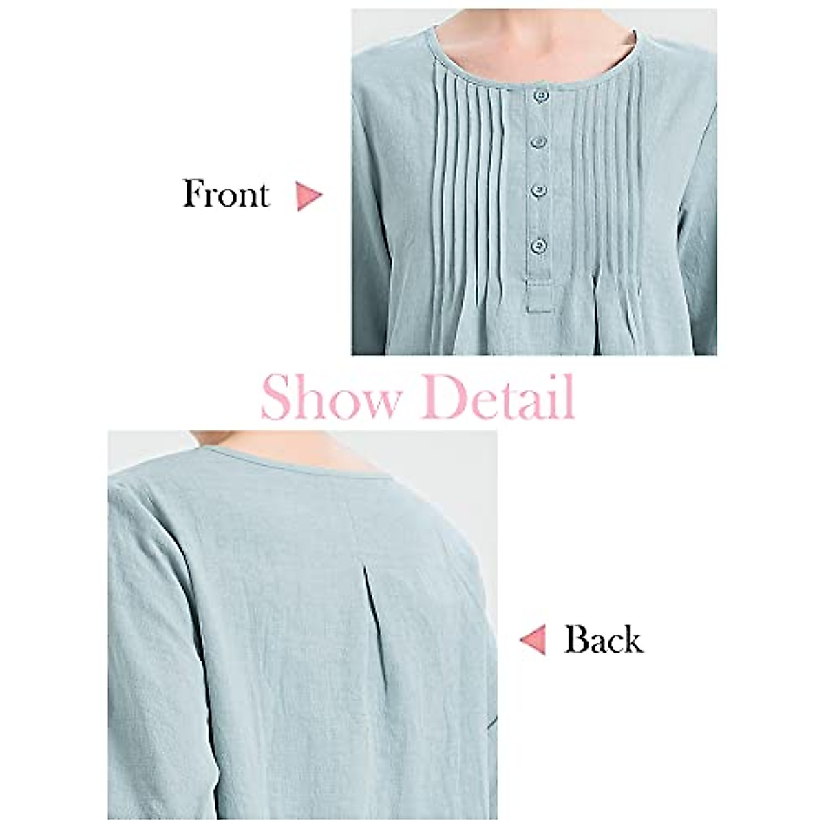 Minibee Women's Scoop Neck Pleated Blouse Solid Color Lovely Button Tunic Shirt White M