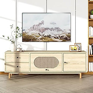 AWQM Rattan TV Stand for 70 Inch TV, Entertainment Center Cabinet with 2 Drawers and Cabinet Storage, Farmhouse TV Console Table for Living Room or Media Room, Oak