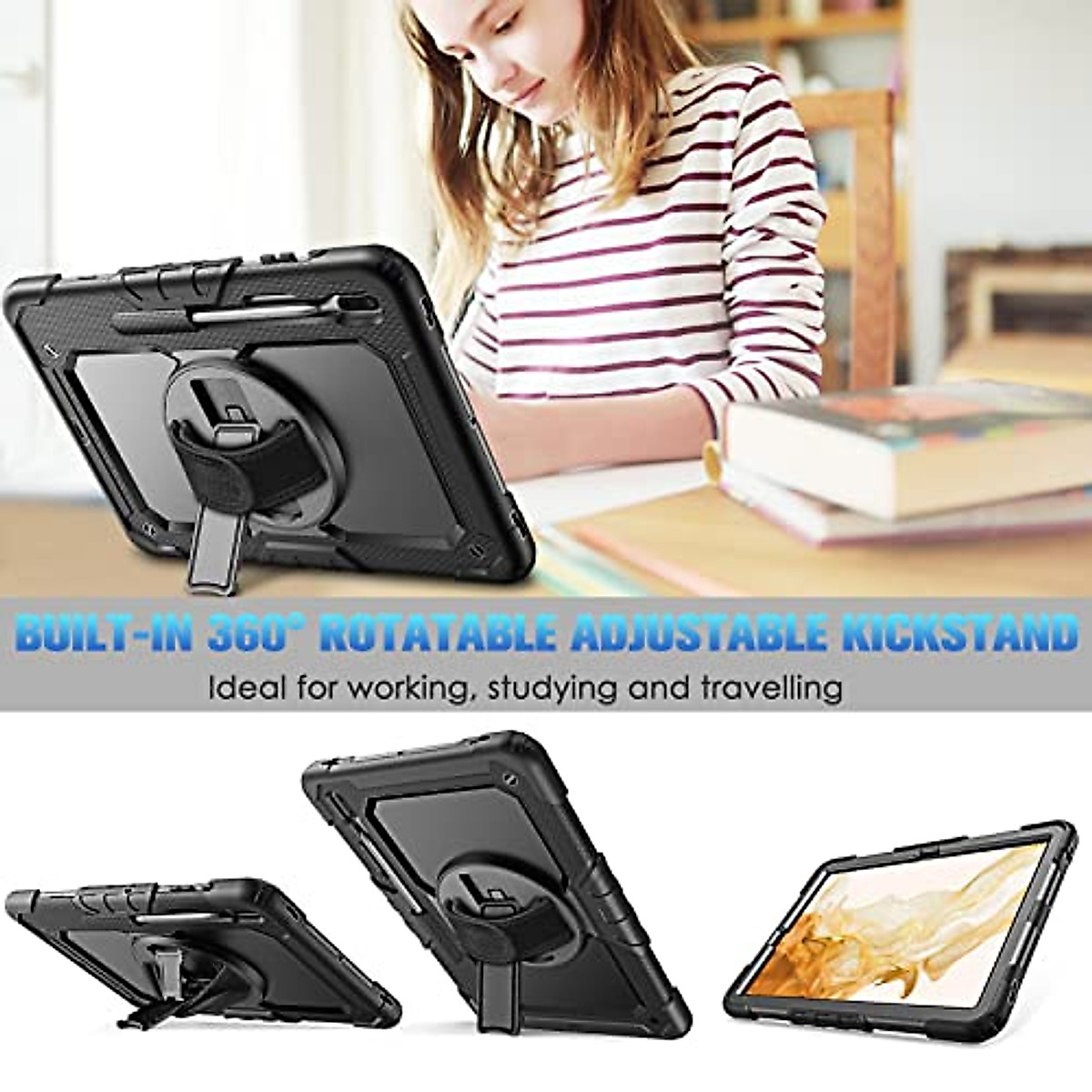 CaseBot Shockproof Case for Samsung Galaxy Tab S8 Plus 2022/S7 FE 2021/S7 Plus 2020 12.4 inch with Screen Protector, 360° Rotating Kickstand Rugged Heavy Duty Hybrid Cover w/Hand Shoulder Strap,Black
