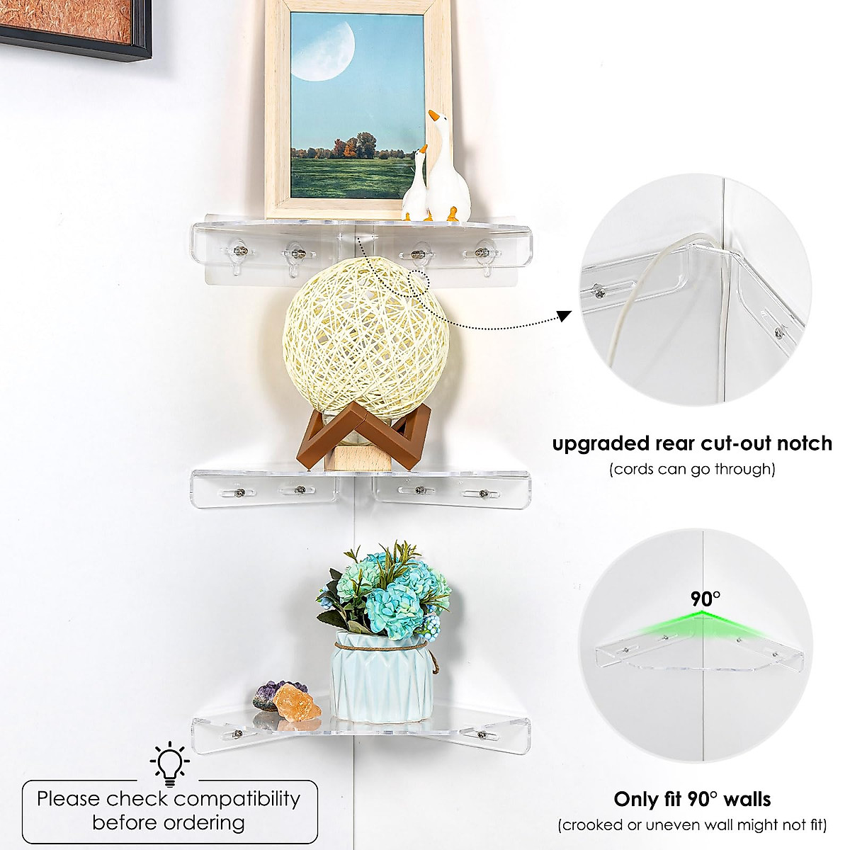 OAPRIRE Corner Shelf Wall Mounted Set of 3, Easy-to-Assemble Corner Floating Shelves Organizer with Adhesive, Acrylic Corner Wall Shelf for Living Room Bedroom Bathroom Kitchen (Clear)