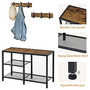 Gewudraw Coat Shoe Rack Bench Entryway - 3 in 1 Entry Bench Seat with Shoe Storage with Coat Hooks Wood Benches Metal Frame Small Shoes Shelf Organizer for Hallway Mudroom Bedroom