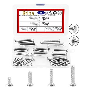 Rrina 38Pcs 304 Stainless Steel Carriage Bolts Round Head Square Neck Screws Coach Bolt Assortment Kit, 5 Sizes M6x16/30/40/50