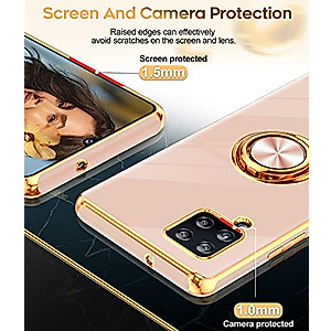 LeYi for Samsung Galaxy A42 5G Case with Tempered Glass Screen Protector [2 Pack] 360° Rotatable Ring Holder Magnetic Kickstand, Plating Rose Gold Edge Protective Case, Pink