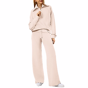 XIEERDUO Lounge Set For Women 2024 Winter Zip Up Sweatshirt And Wide Leg Sweatpant Apricot M