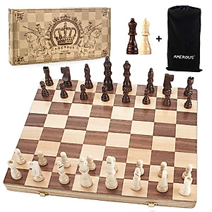 Amerous 15" x 15" Magnetic Wooden Chess Set, Folding Travel Chess Board with 2 Extra Queens / Pieces Storage Slots / Carry Bag , Handmade Large Wooden Board Game for Kids and Adults