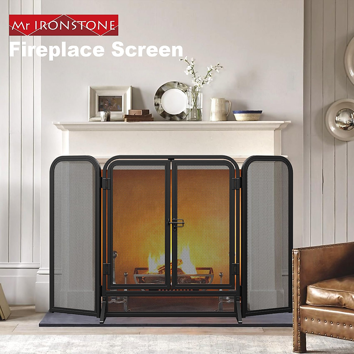 Mr IRONSTONE 3 Panel Fireplace Screen 51.5" W x 32.5" H Modern Foldable with Wrought Metal Decorative Mesh, Heavy Duty Fire Spark Guard Cover for Home Decor Indoor, Black