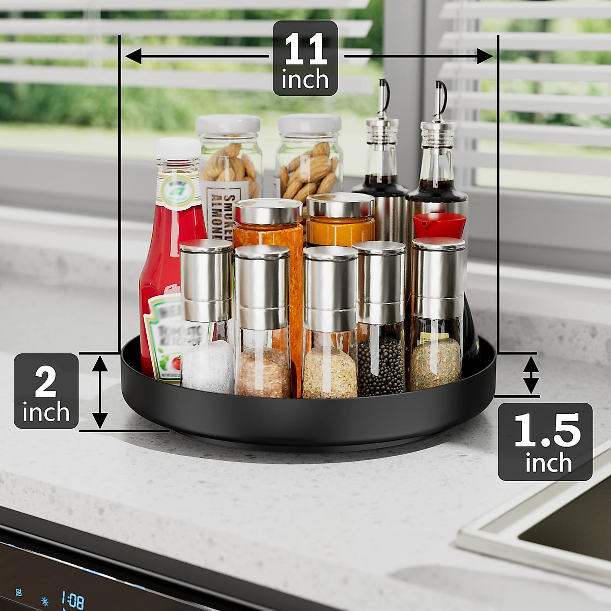 Ovicar Lazy Susan Turntable Organizer - 11 inch Rotating Spice Rack Metal Lazy Susan for Cabinet Pantry Kitchen Countertop Bathroom Refrigerator Table Storage, Black