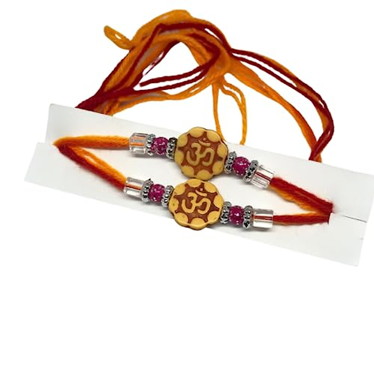 Set of 2 Rakhi Thread, Brown OM with Crystal and Pink Beads Rakhi, Rakhi for Bhaiya, Rakhi for Bhabhi, bhai, Brother.
