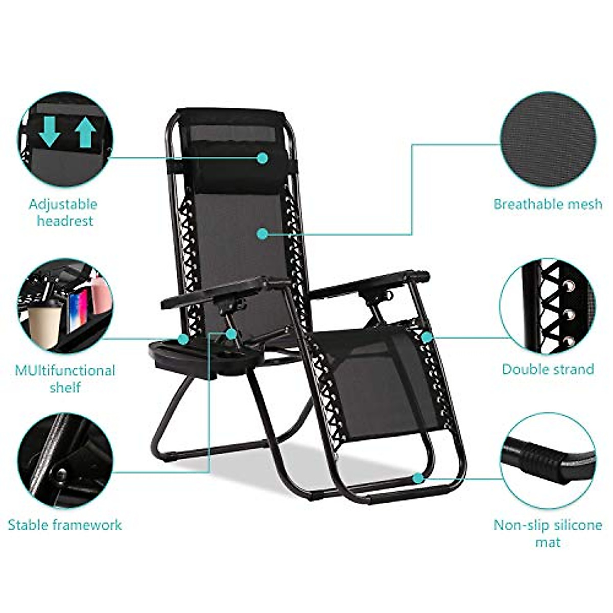 Outdoor Zero Gravity Chair 2 Pack, Folding Lounge Chair Recliners Indoor Outdoor Furniture Adjustable Camping Chair Backyard Chair Deluxe Loveseats w/Pillow and Cup Holder Tray, Black