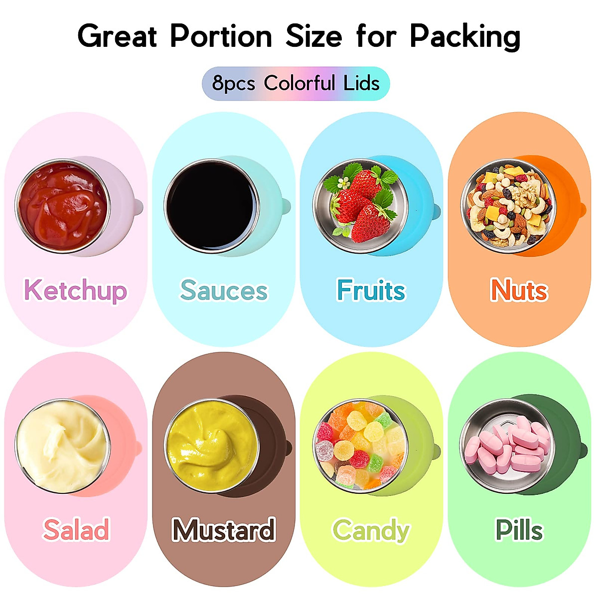 8 Pack Salad Dressing Container To Go, Gencywe 1.6oz Stainless Steel Condiment Cup, Condiment Containers with Lids, Reusable Small Containers with Silicone Lids, Leakproof Dipping Sauce Cups for Lunch