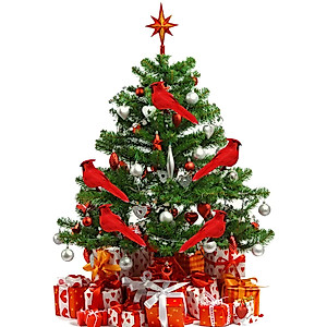 Christmas Cardinal Floral Red Artificial Feathered Birds on a Iron Wire Xmas Tree Ornaments Craft Decorations for Home Garden Wedding Decor Pack of 6