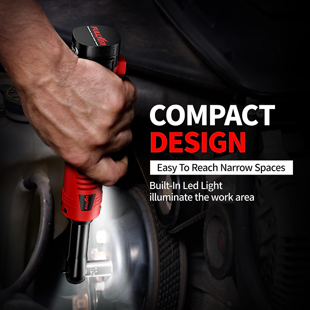 FULLYEA Electric Ratchet Wrench Set, 550 RPM Cordless Ratchet Wrench, 3/8" 18V Power Ratchet Tools with Variable Speed, LED Light, 7 Sockets, 2 Packs 2.0Ah Lithium-Ion Battery and Fast Charger